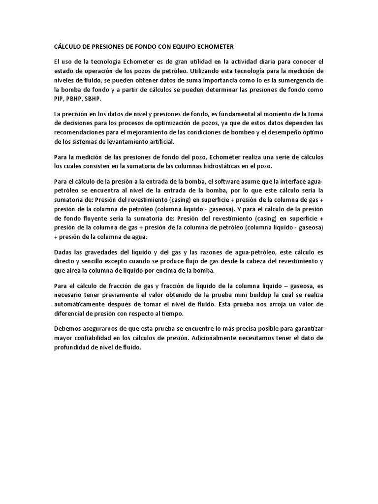 Cálculo de Presiones de Fondo Con Equipo Echometer | PDF