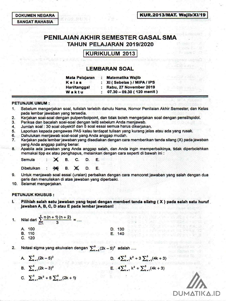 Soal PAS Matematika Wajib Kelas XI 2019-2020 | PDF | Metode & Bahan Ajar
