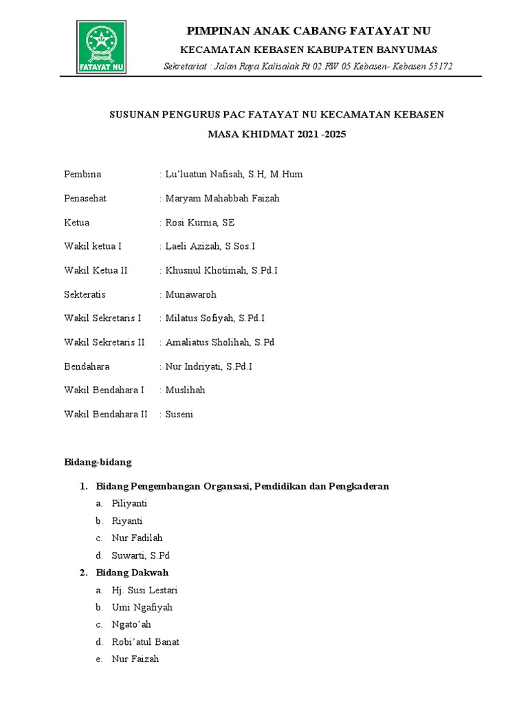 PENGURUS PAC F NU Kebasen | PDF