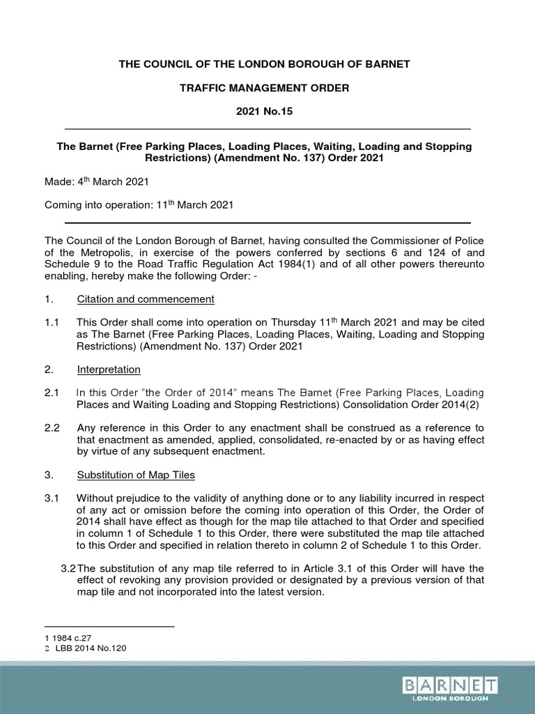Traffic Management Order - Barnet Council - Fixing Omissions 2021 | PDF ...