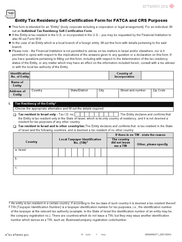 Entity Tax Residency Self-Certification Form For FATCA and CRS Purposes ...