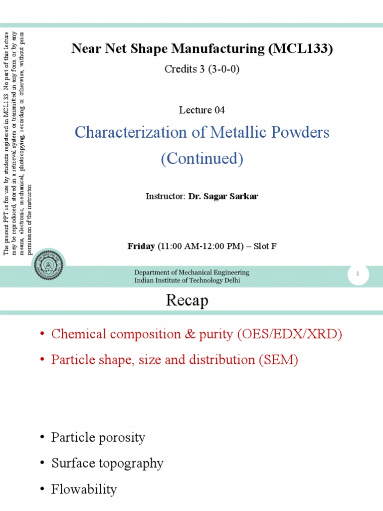 Characterization of Metallic Powders (Continued) : Near Net Shape ...