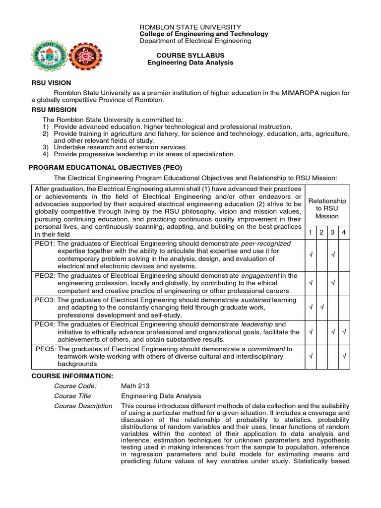 Math 213 - Engineering Data Analysis EE | PDF | Probability Distribution | Variance
