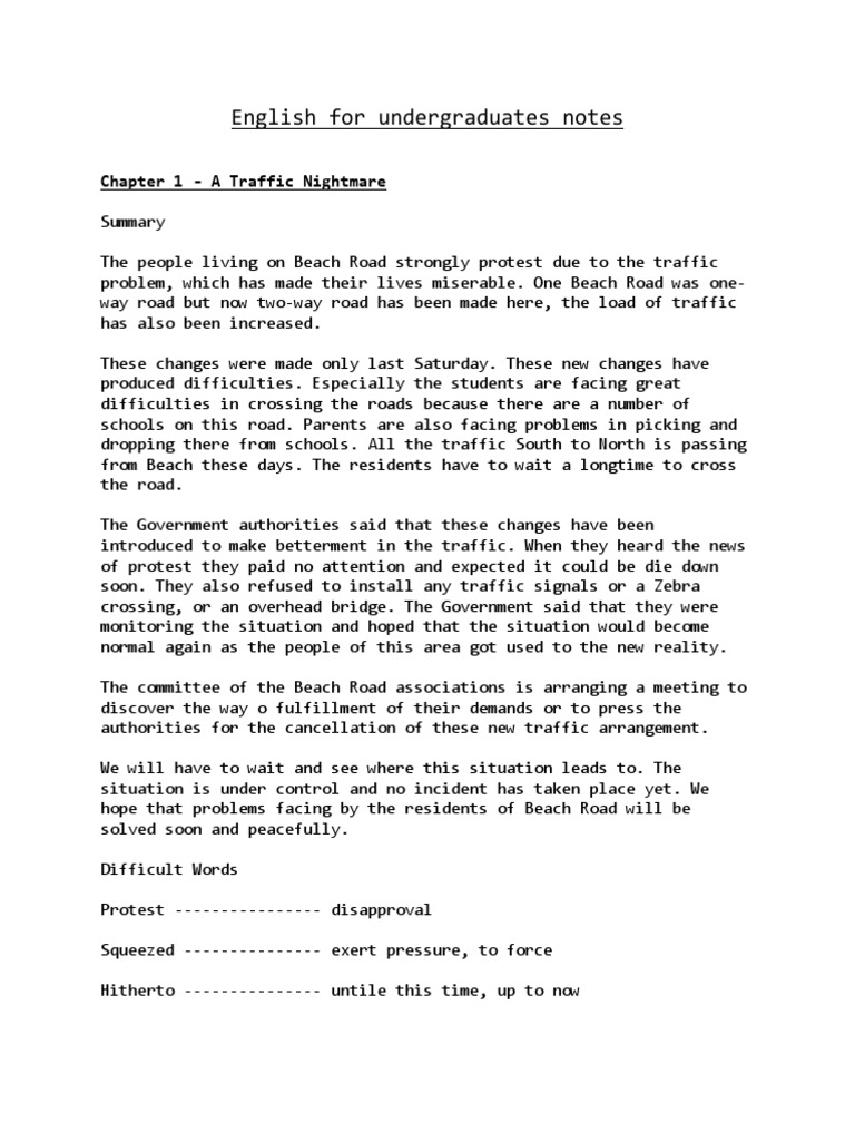 English For Undergraduates Notes: Chapter 1 - A Traffic Nightmare | PDF ...