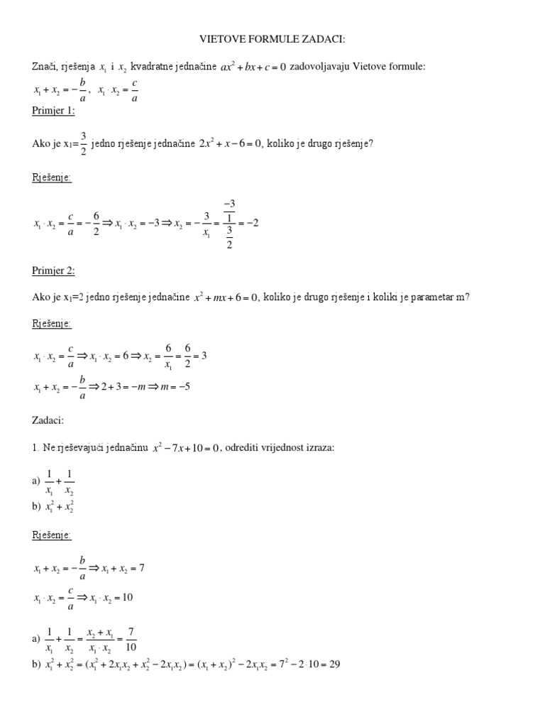 Vietove Formule Zadaci | PDF