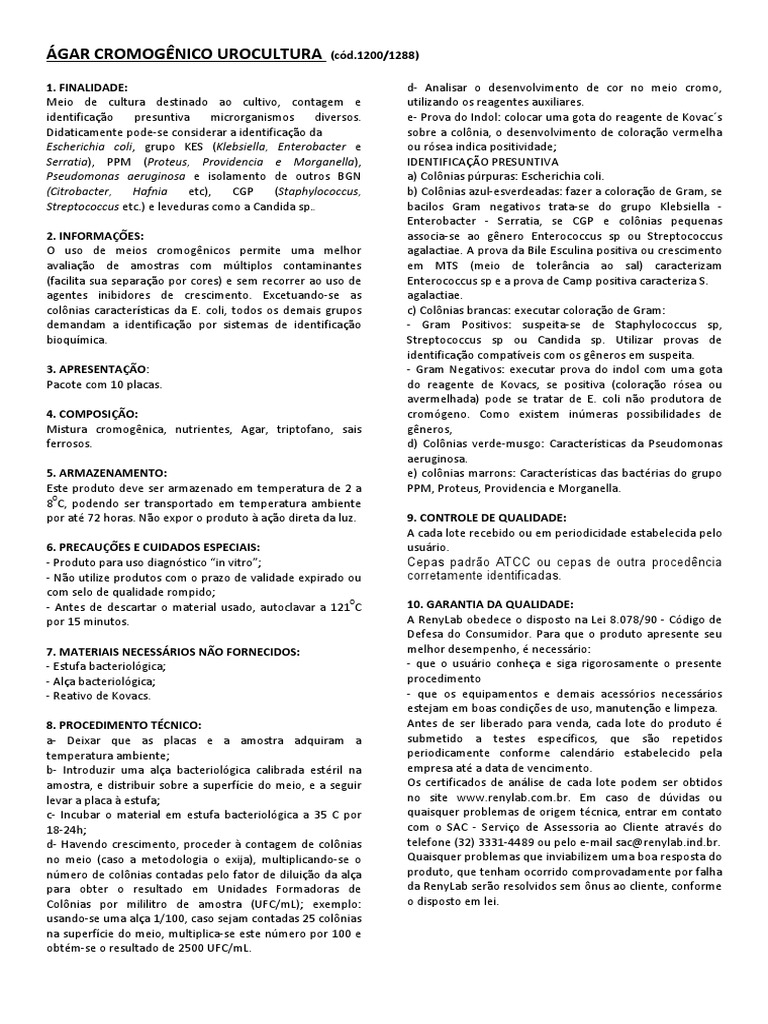 Ágar Cromogênico Urocultura | PDF | Bactérias | Meio de cultura