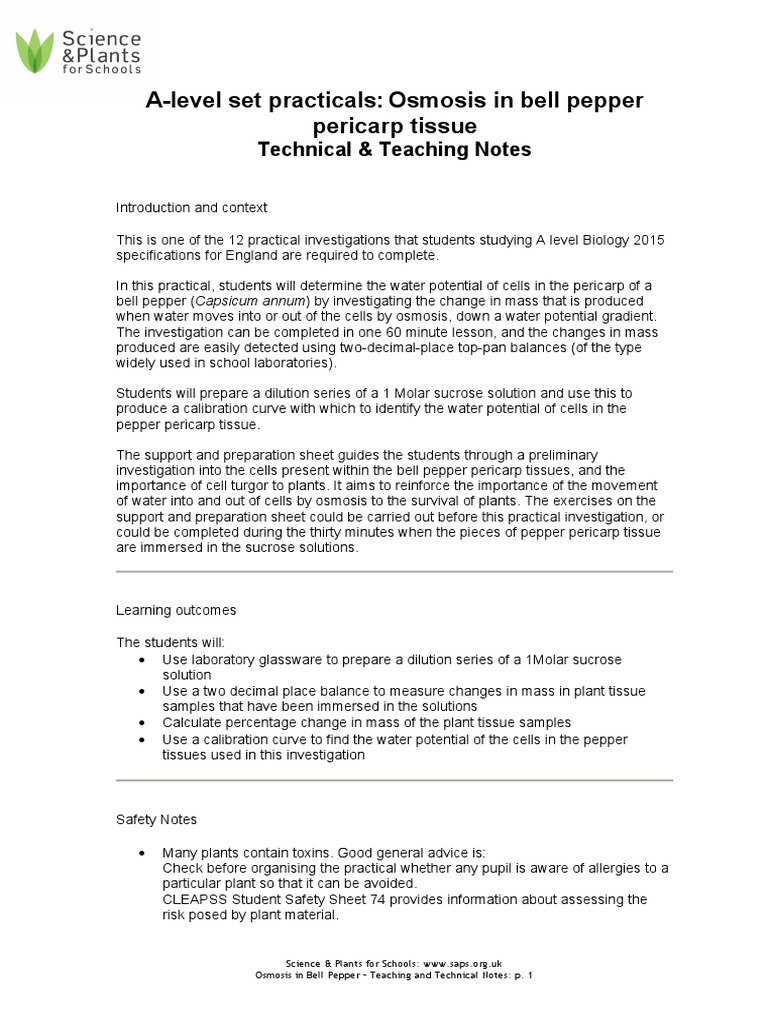 SAPS - A-Level Set Practicals - Osmosis in Bell Pepper Pericarp Tissue ...