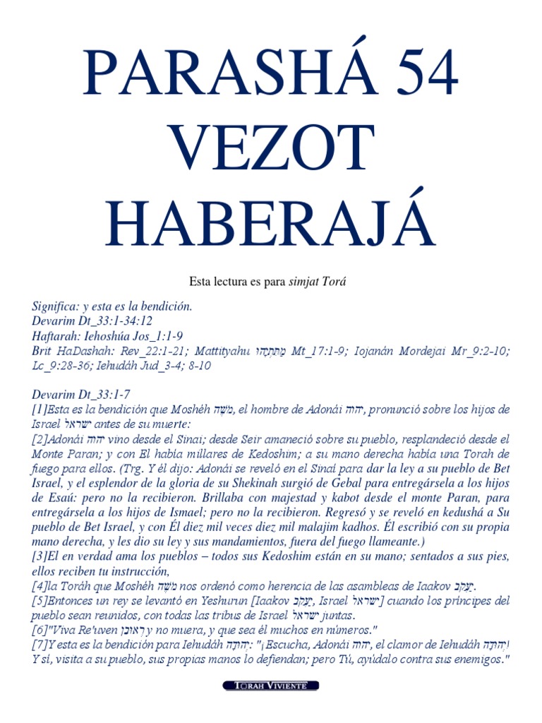 Parashá 54 Vezot Haberajá: Esta Lectura Es para Simjat Torá | PDF | Judios | Bendición