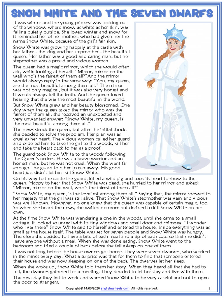 Snow White and The Seven Dwarfs Esl Printable Fairy Tale Reading Text ...