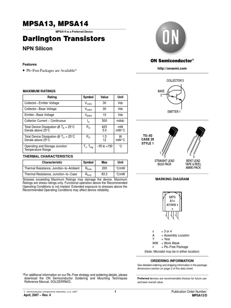 MPSA13, MPSA14 Darlington Transistors: NPN Silicon | PDF | Bipolar ...