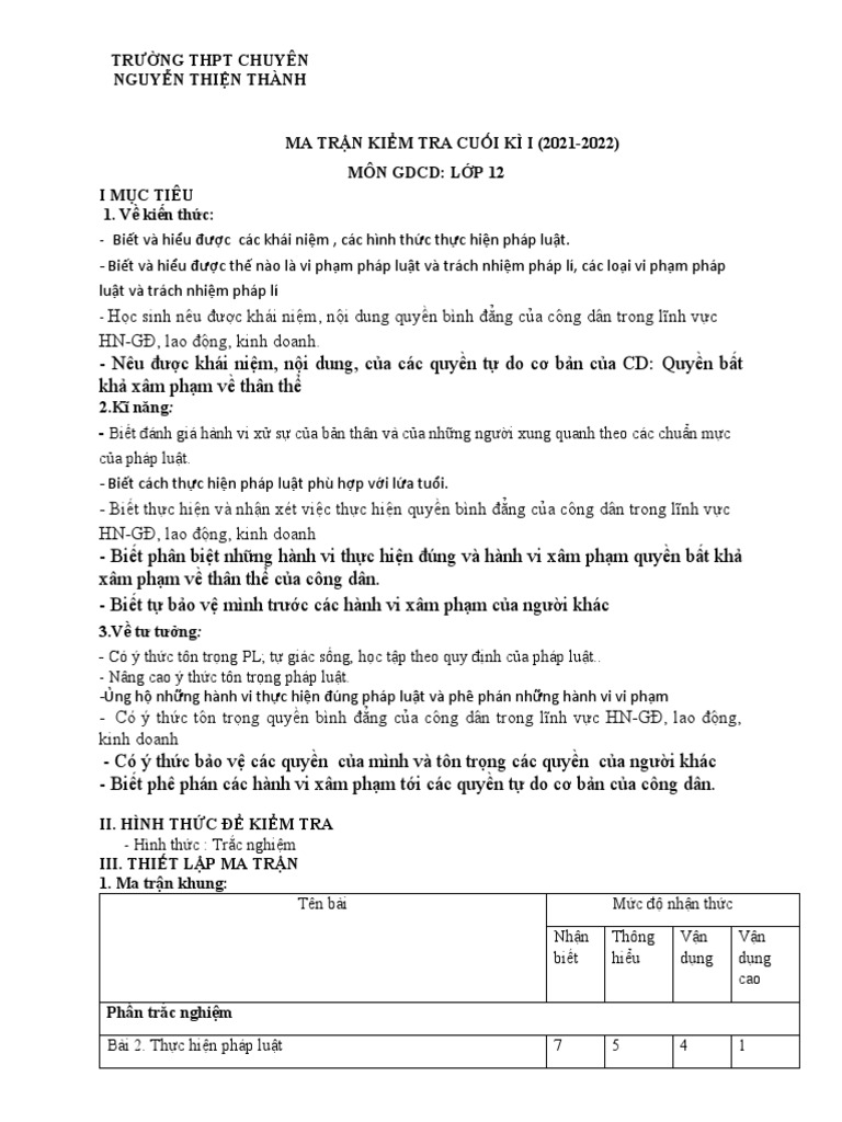 Ma trậnđánh giá cuoi ky 1 GDCD 12 năm học 2021-2022 | PDF