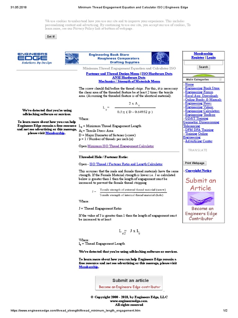 Minimum Thread Engagement Equation and Calculator ISO - Engineers Edge ...