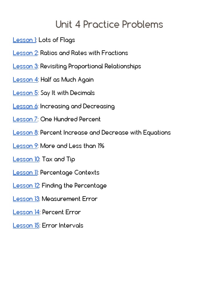 Unit 4 Math Practice Problems Guide | PDF | Percentage | Area