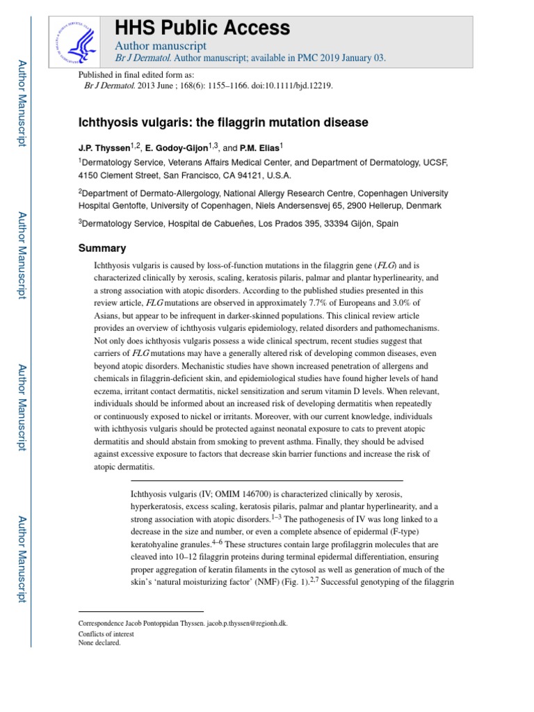 HHS Public Access: Ichthyosis Vulgaris: The Filaggrin Mutation Disease | PDF | Dermatitis ...
