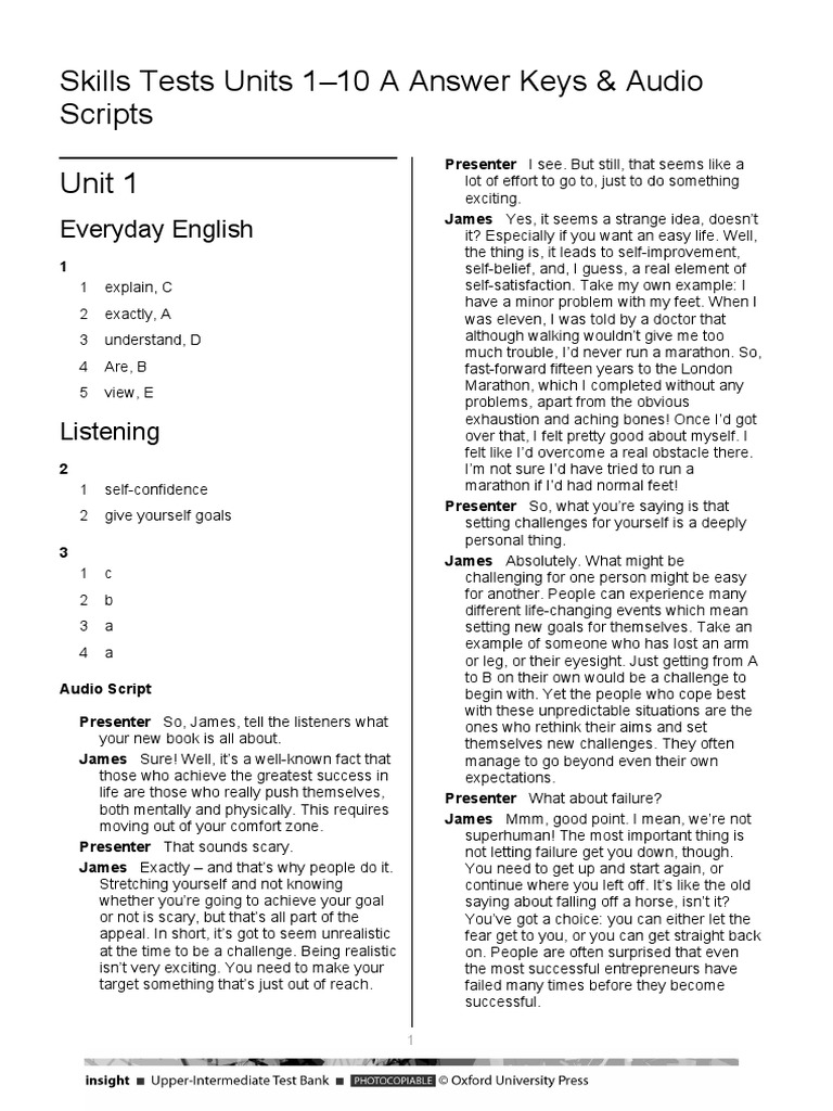 Skills Tests Units 1-10 A Answer Keys + Audio Scripts | PDF | News ...