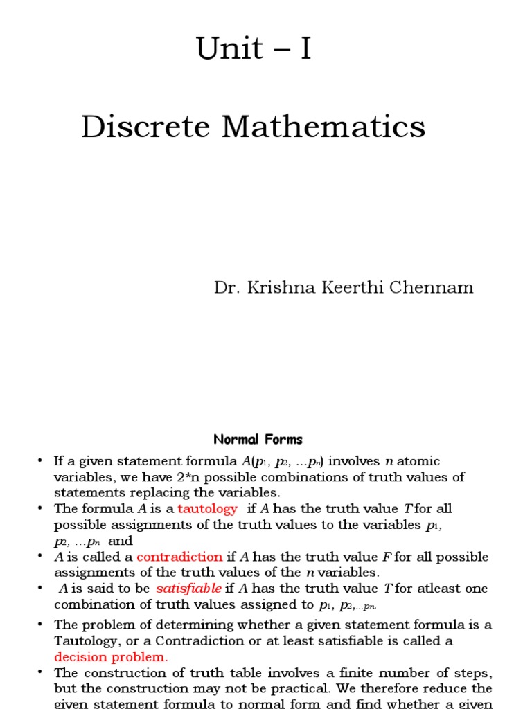 Unit - I Discrete Mathematics: Dr. Krishna Keerthi Chennam | PDF ...