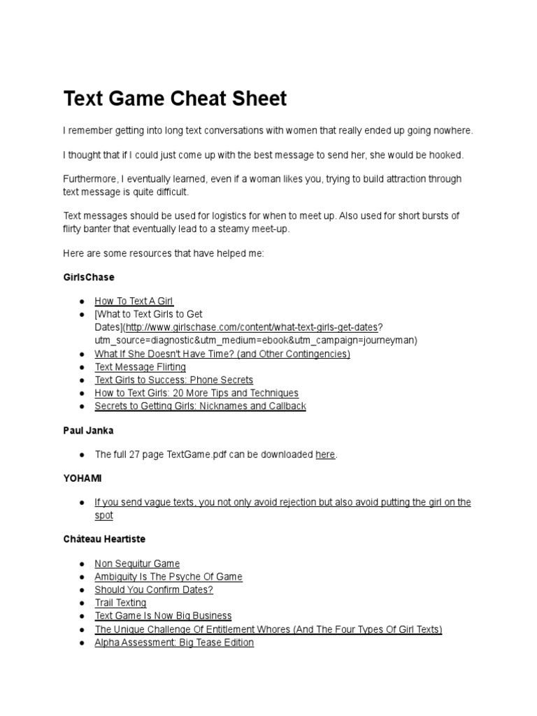 Text Game Cheat Sheet: Girlschase | PDF