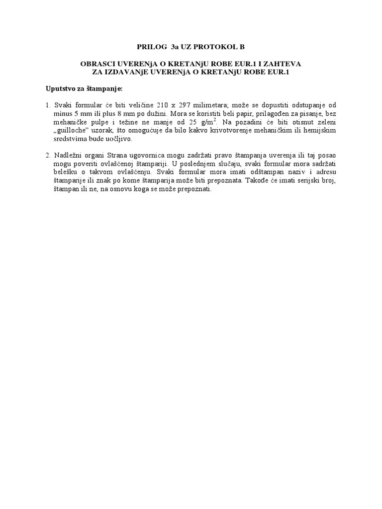 Obrasci Uverenja o Kretanju Tekst Izjave Na Fakturi | PDF | Signature | Customs