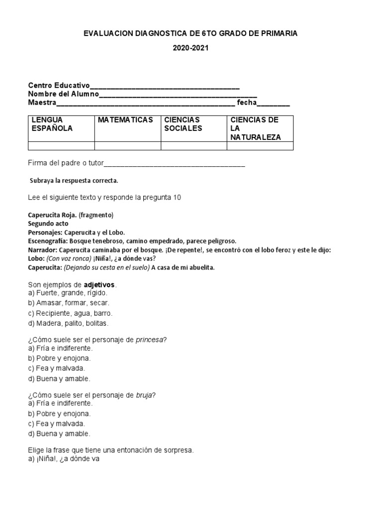 Evaluacion Diagnostica de 6to Grado de Primaria | PDF | Alimentos ...