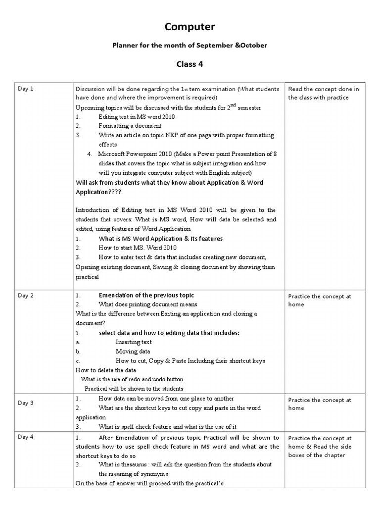 Computer Planner Class 4 | PDF | Microsoft Word | Software