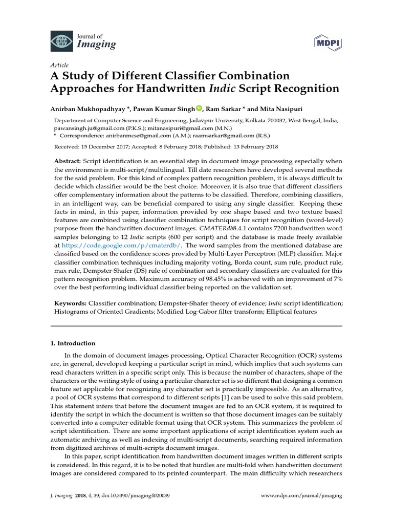 A Study of Different Classifier Combination Approaches For Handwritten Indic Script Recognition ...
