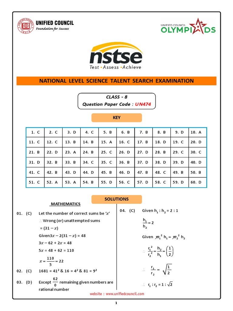 Cl 8 Nstse 2022 Paper 474 Key Pdf Area Metals