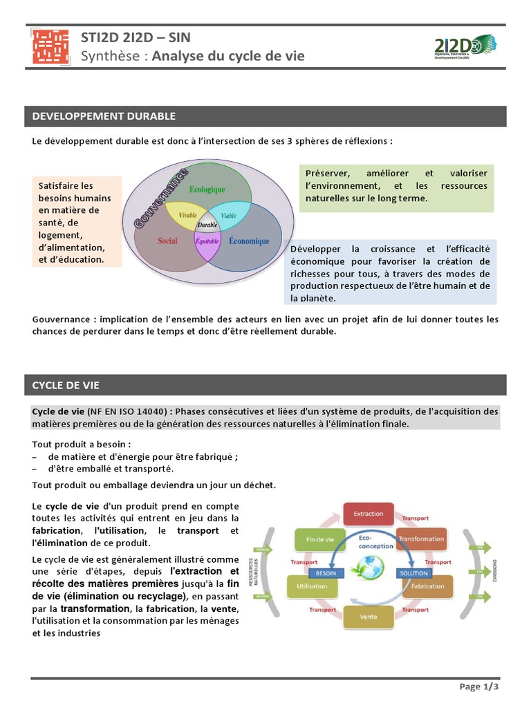 Synthèse: Analyse Du Cycle de Vie: Sti2D 2I2D - Sin | PDF | Analyse du cycle de vie ...