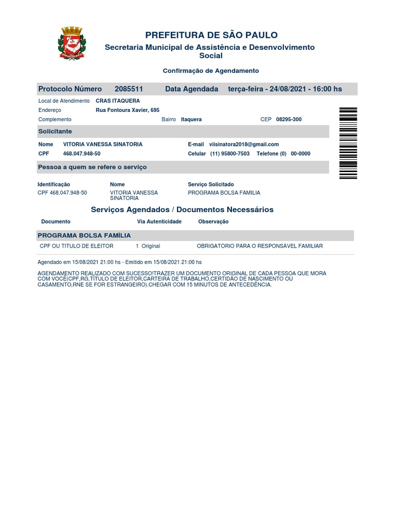 Protocolo Agendamento 02085511 | PDF