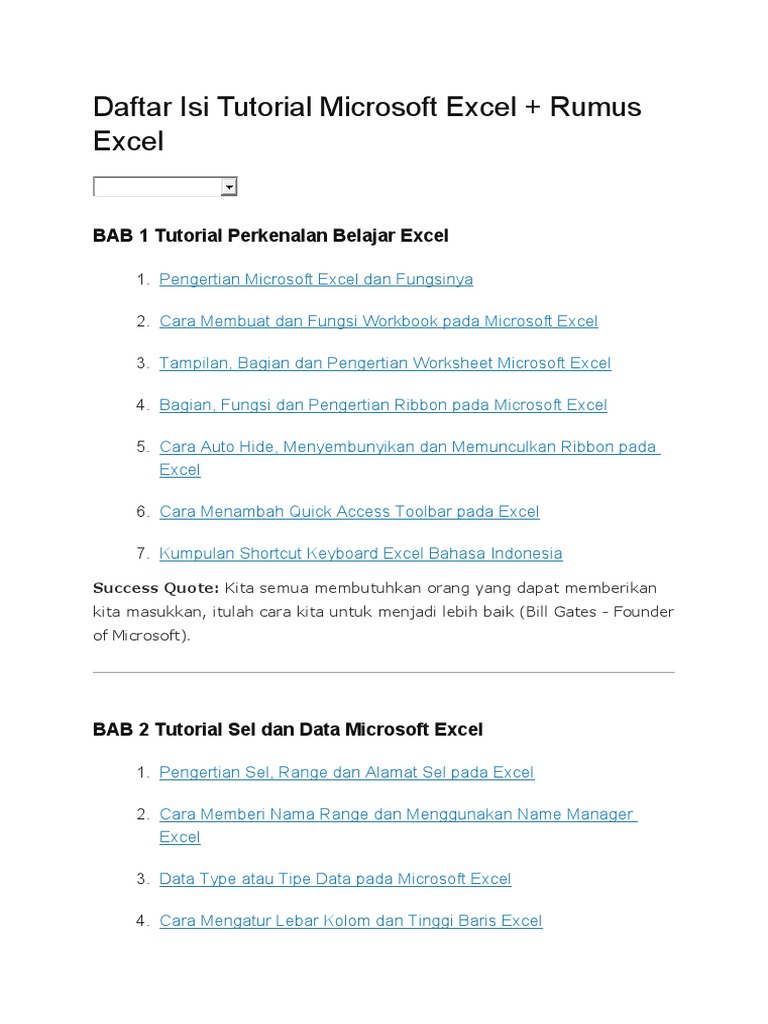 Daftar Isi Tutorial Microsoft Excel | PDF