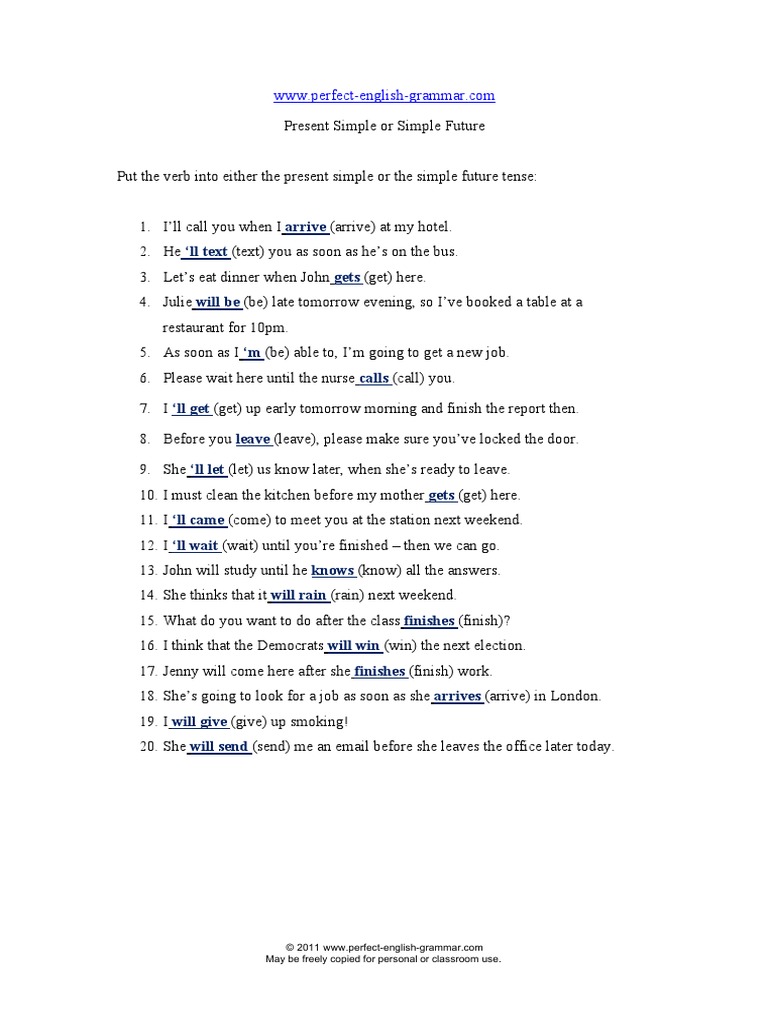 Present Simple vs. Simple Future Exercises | PDF
