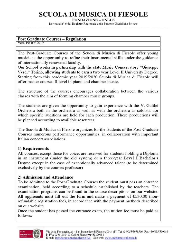 Scuola Di Musica Di Fiesole: Post Graduate Courses - Regulation | PDF | Postgraduate Education ...