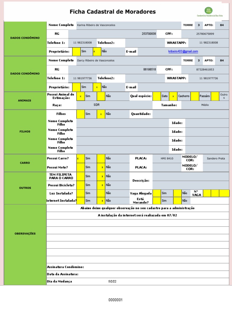 Ficha Cadastral de Moradores - Cadastro Clientes | PDF