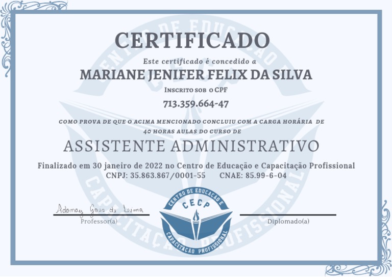 Certificado - Assistente Administrativo. | PDF