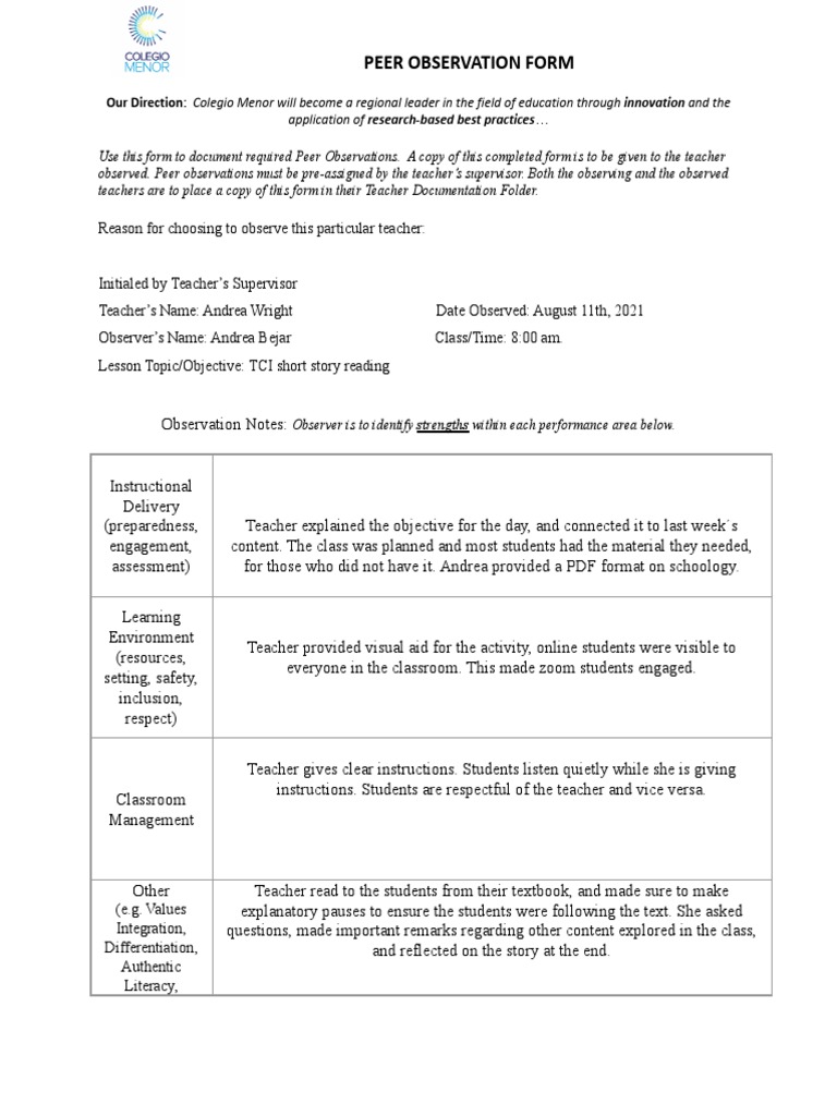 1 Peer Observation Form | PDF | Teachers | Inclusion (Education)