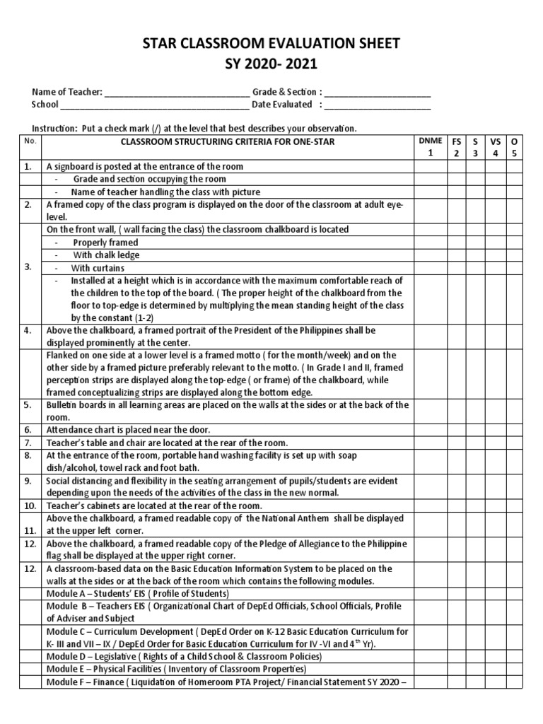 Star Classroom Evaluation Sheet SY 2020-2021: Classroom Structuring ...