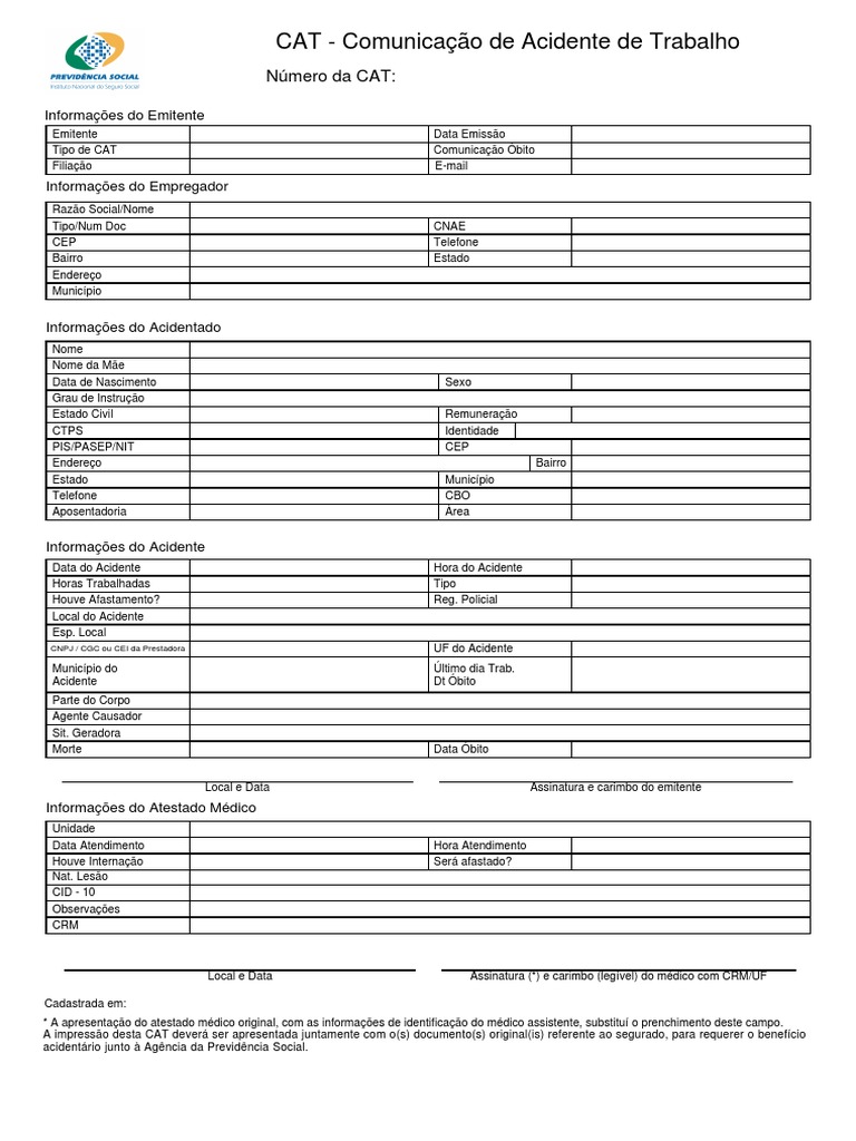 Comunicação de Acidente de Trabalho contendo detalhes sobre o ...