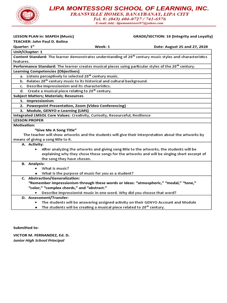 Lesson Plan 1st and 2nd G10 | PDF | Learning | Impressionism