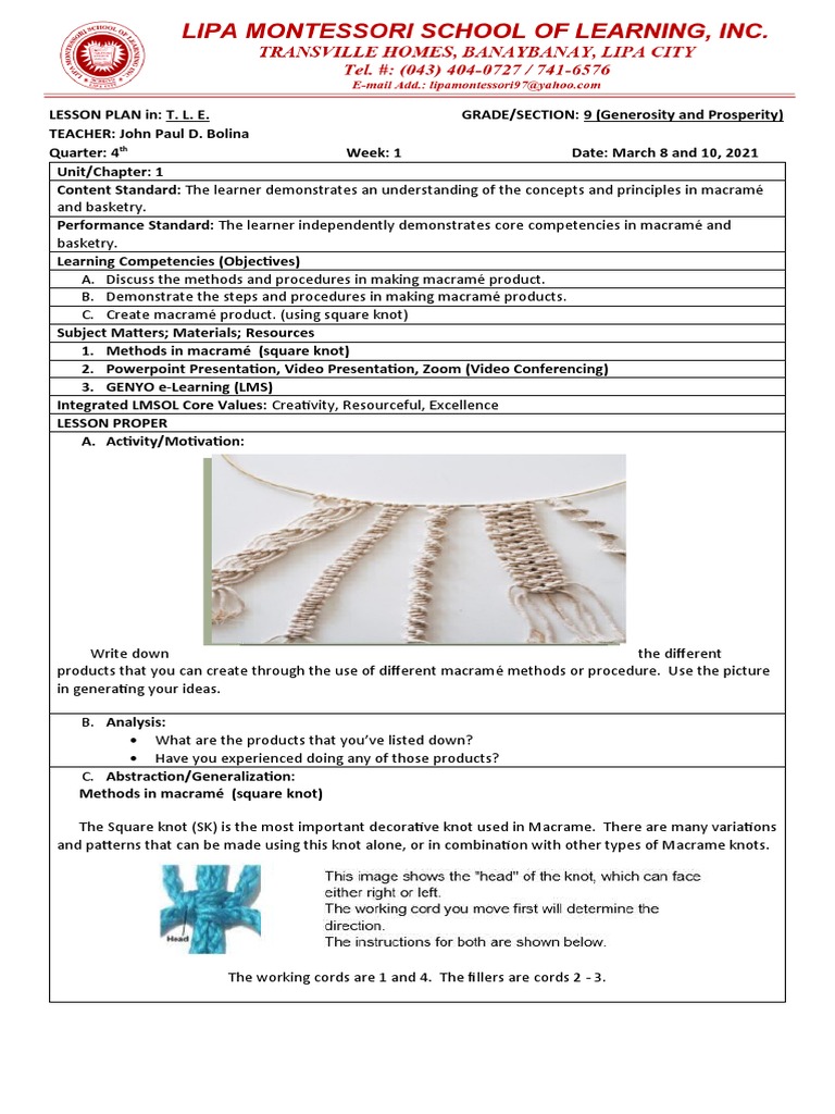 LESSON PLAN 1st Week - 4th Quarter | PDF | Knot | Lesson Plan