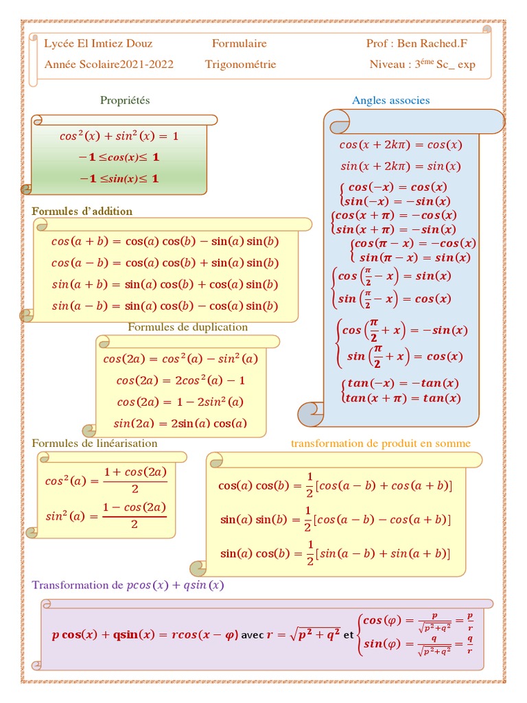 Formulaire de Trigonométrie 2021-2022 | PDF | Mathématiques ...