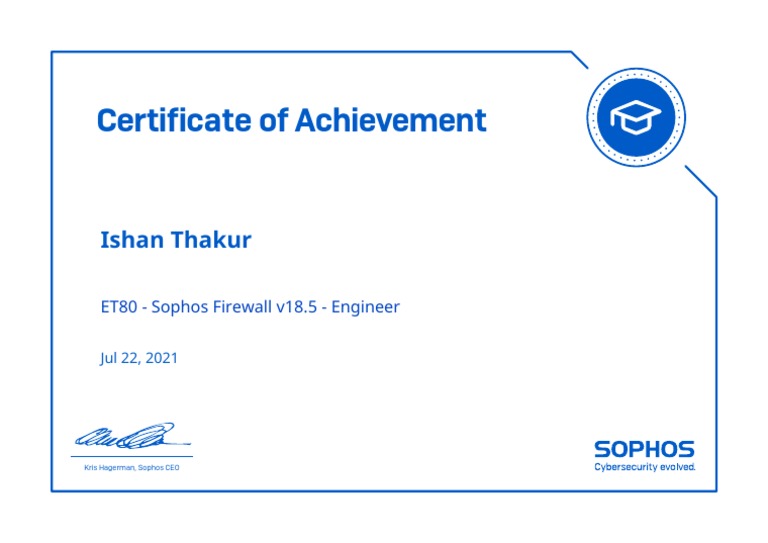 Sophos Firewall Cert of Achievement for Ishan Thakur | PDF