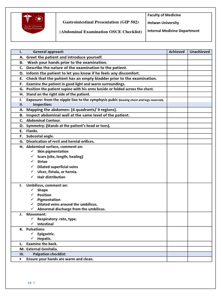 Abdominal Examination Checklist | PDF | Abdomen | Anatomy