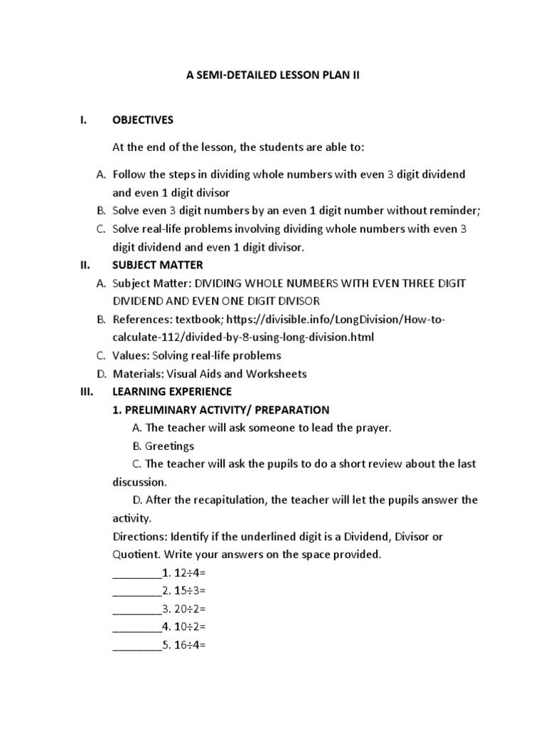 A Semi-Detailed Lesson Plan Ii I. Objectives | PDF | Division ...