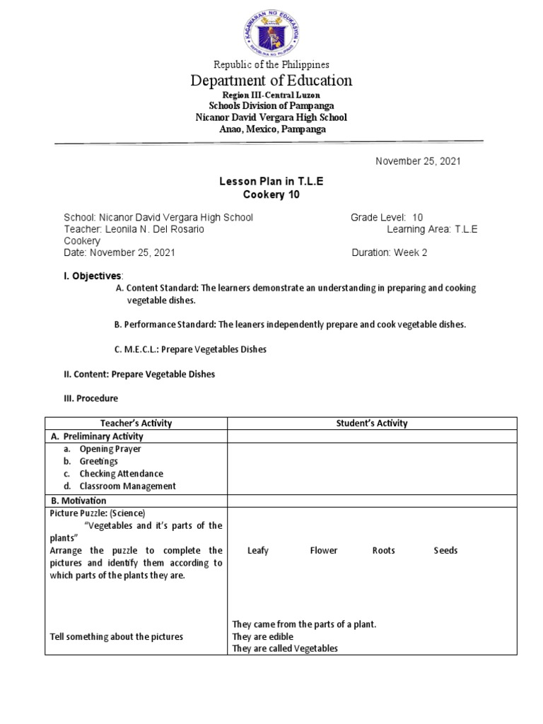 Lesson Plan in Tle 10 Cookery Vegetable Dish | PDF | Vegetables | Foods