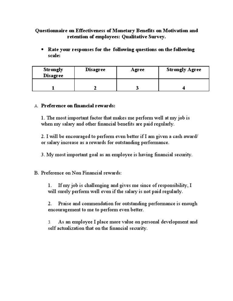 Questionnaire On Effectiveness of Monetary Benefits On Motivation and ...