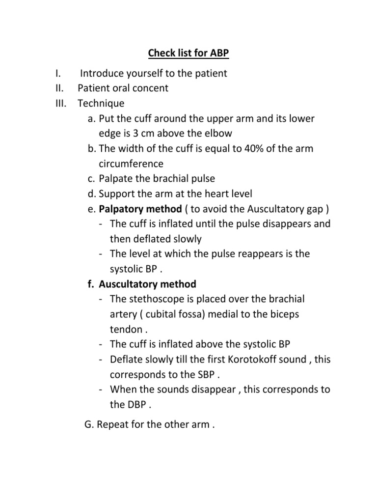 ABP Checklist: Steps for Measuring Blood Pressure | PDF