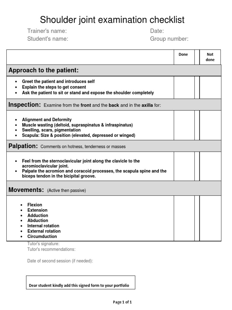 Shoulder Examination Checklist | PDF | Wellness