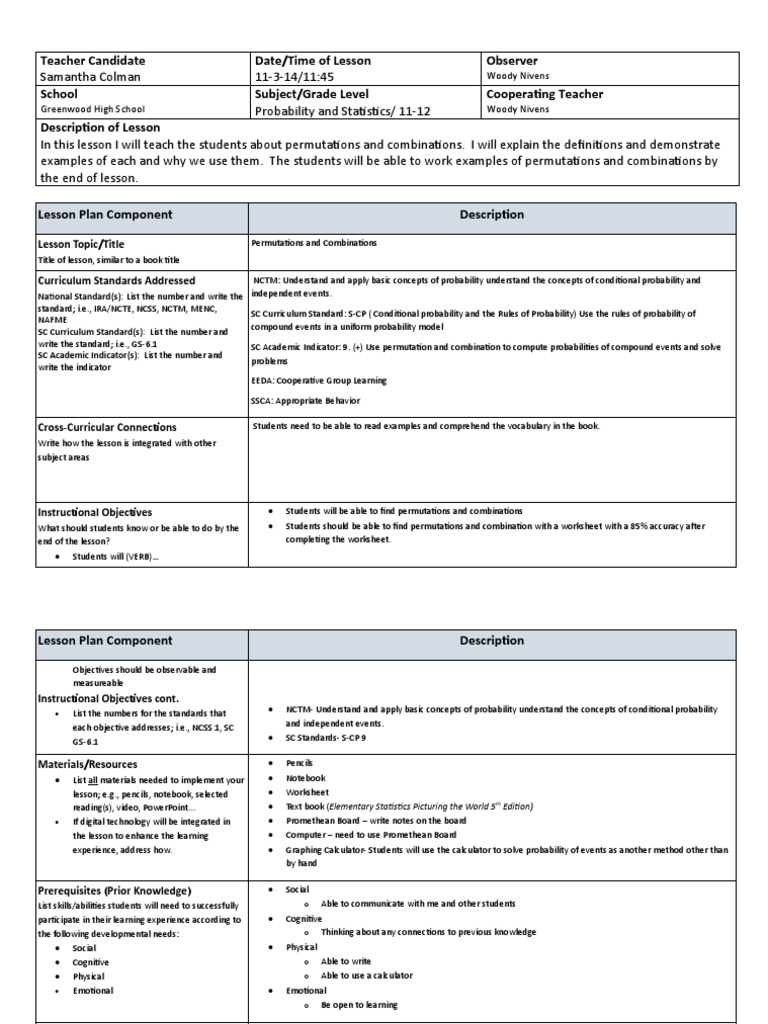 Permutations And Combinations Lesson Plan Pdf Lesson Plan Educational Assessment