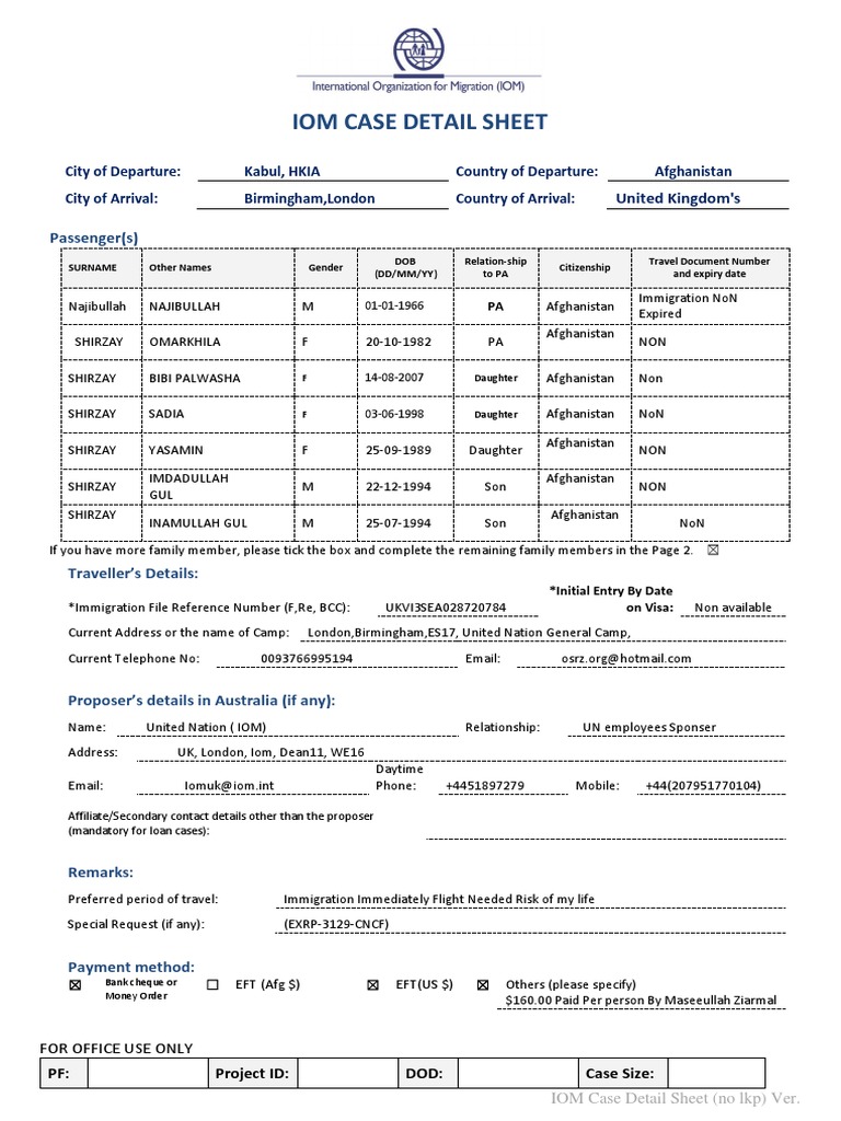 Iom Case Detail Sheet: Passenger(s) | PDF | Cultural Globalization | Service Industries
