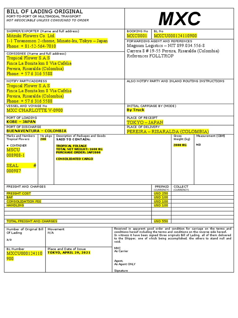 Formato Modelo de Conocimiento de Embarque - Bill of Lading Clase Mayo 10 | PDF | Cargo | Bill ...