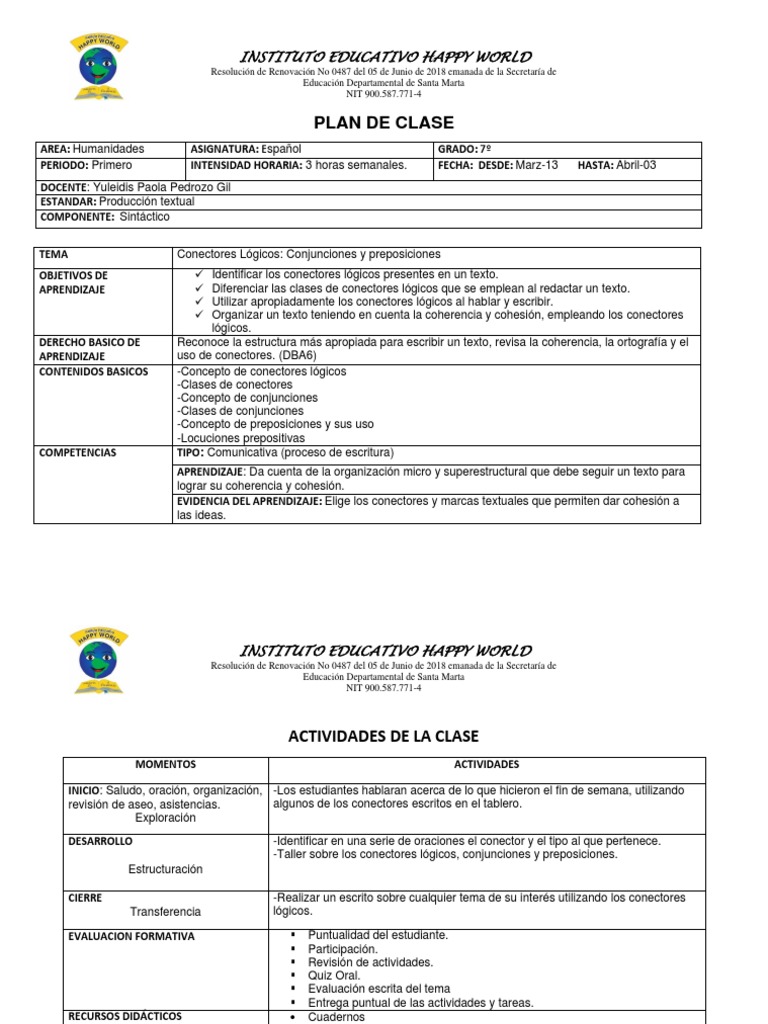 Ejemplo Plan de Clase | PDF | Evaluación | Aprendizaje